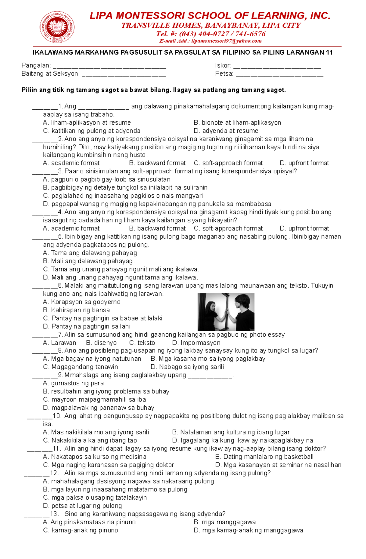 PFPL-Exam - Ikalawang Markahang Pagsusulit sa Pagsulat sa Filipino - Studocu