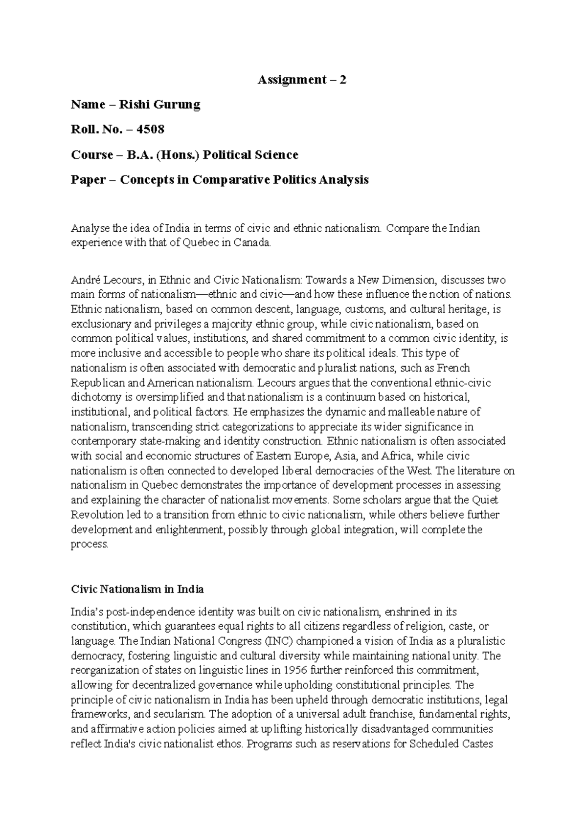 CCPA Assignment 2: Analyzing Civic and Ethnic Nationalism in India and ...