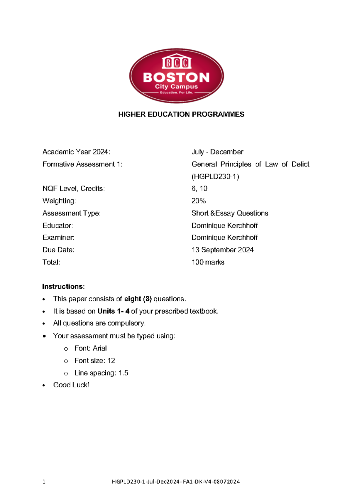HGPLD 230-1: Formative Assessment 1 - General Principles of Delict Law ...