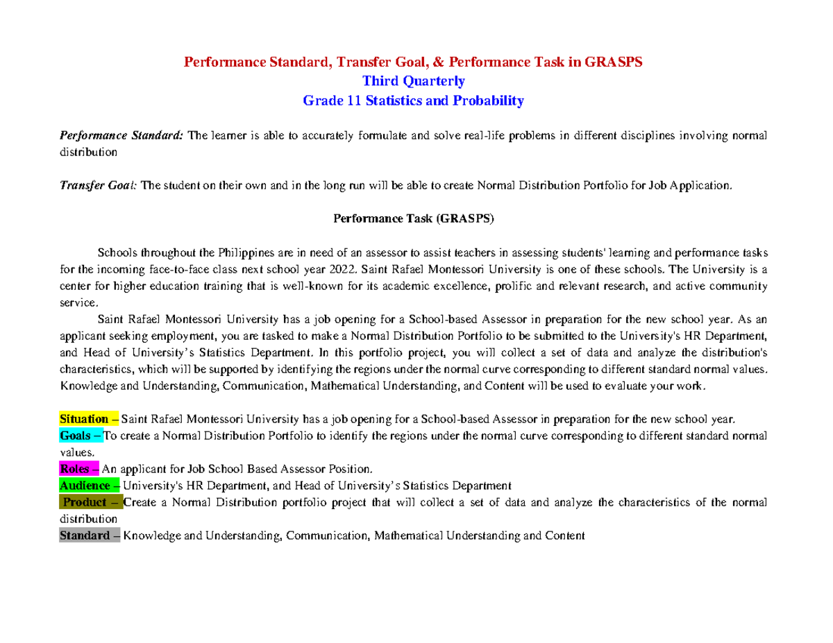 3RD Quarter STAT AND PROB- Grasps - Performance Standard, Transfer Goal, & Performance Task in ...