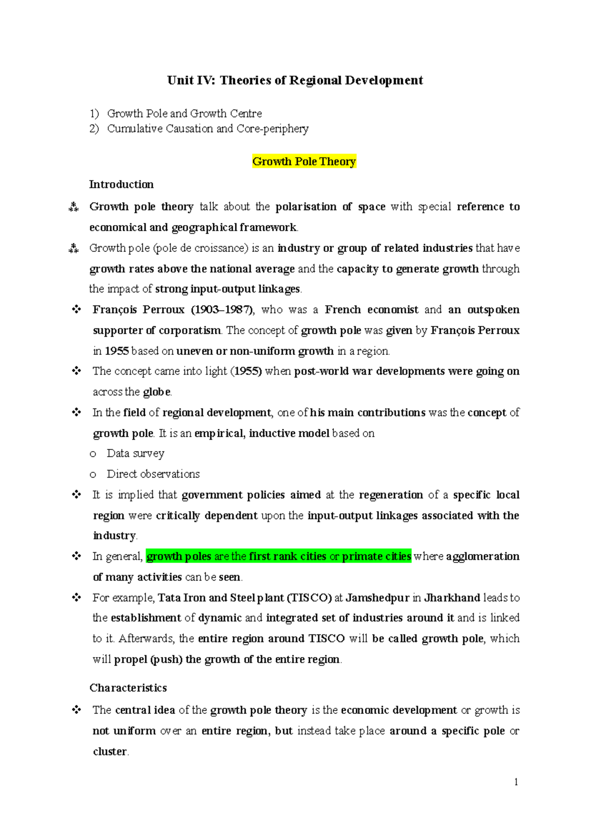 Unit IV: Theories of Regional Development - Growth Pole & Centre ...