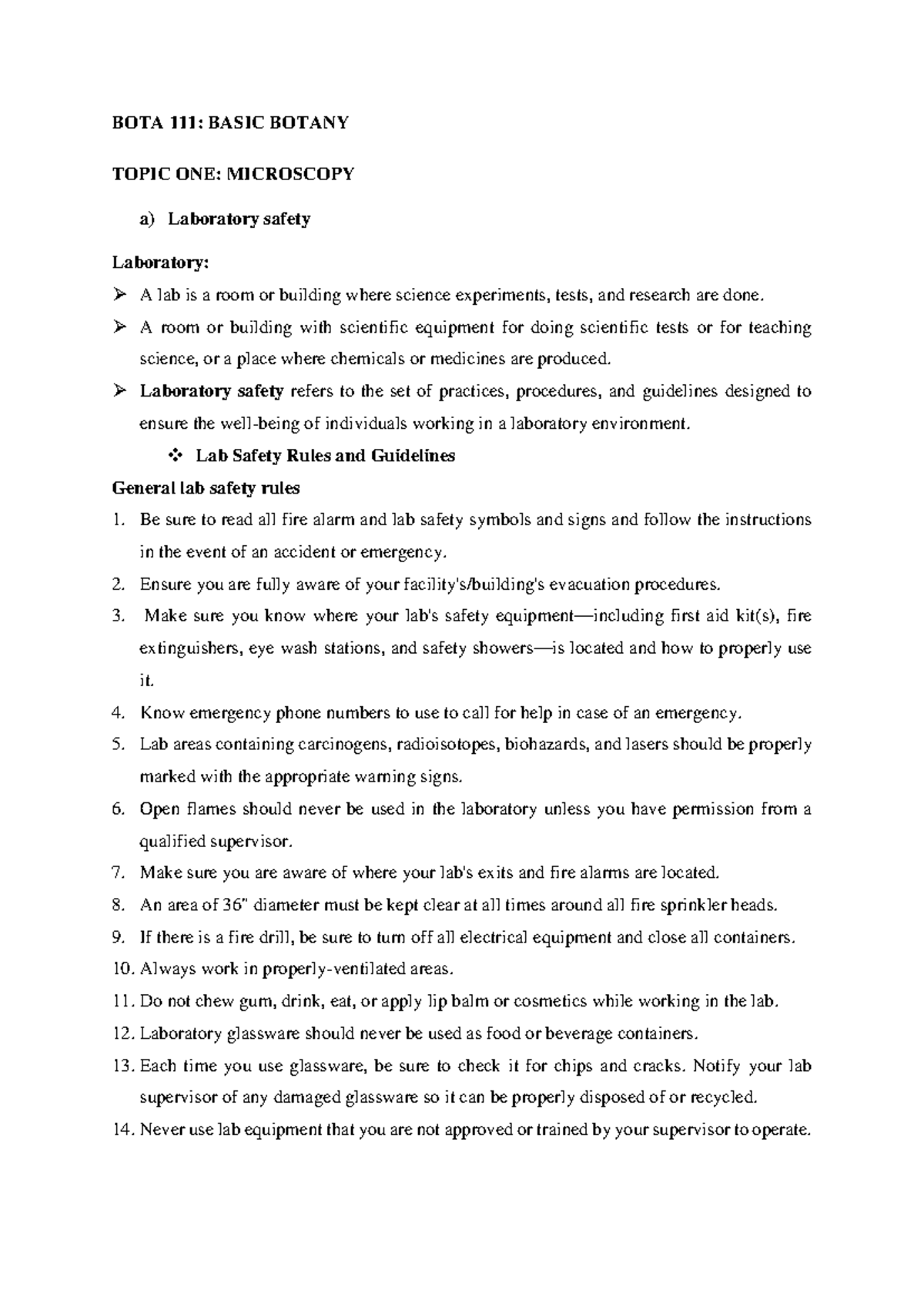 BOTA 111: Essential Microscopy Notes and Lab Safety Guidelines - Studocu