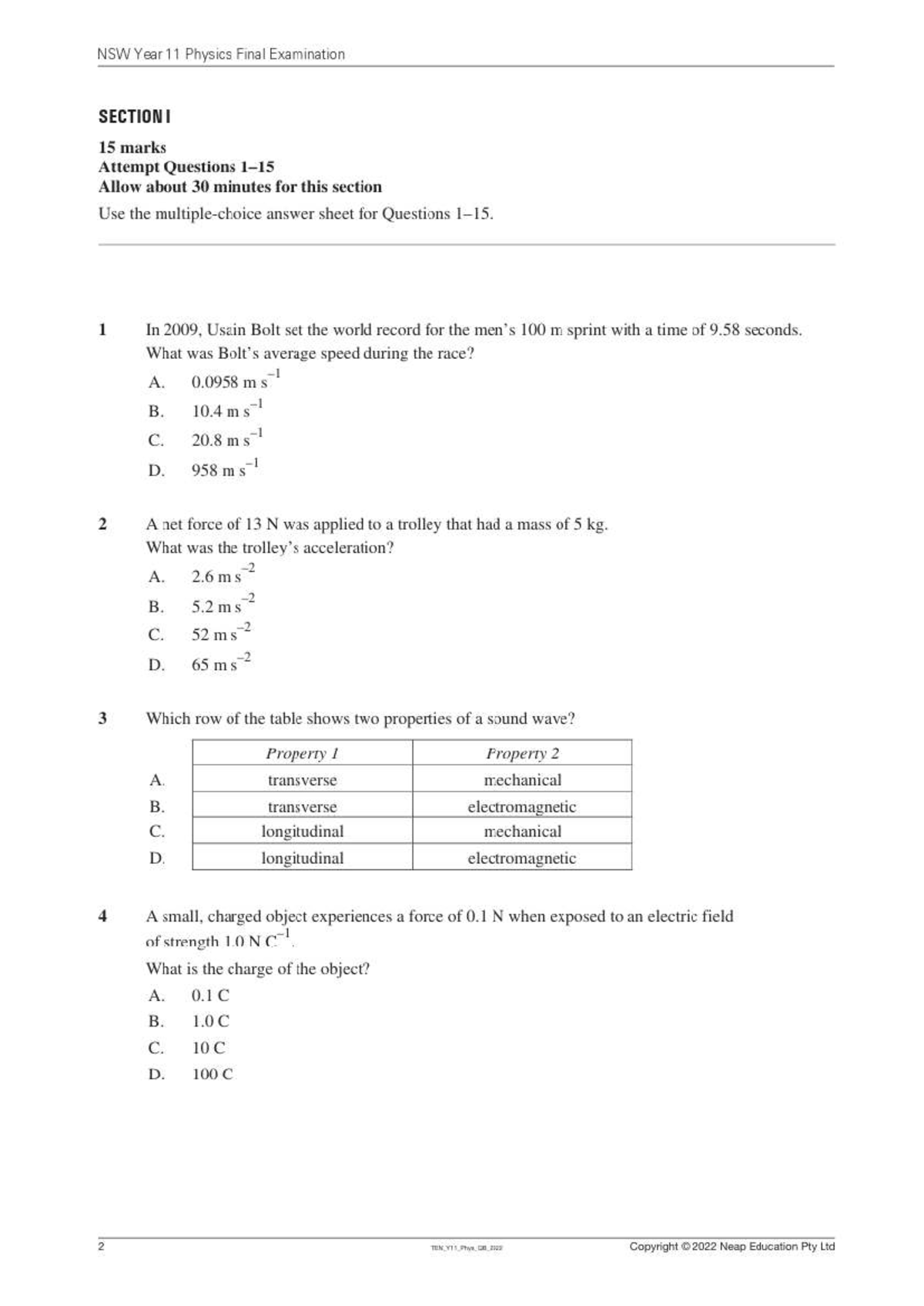 NSW Year 11 Physics Final Exam 2022 - Comprehensive Question Bank - Studocu