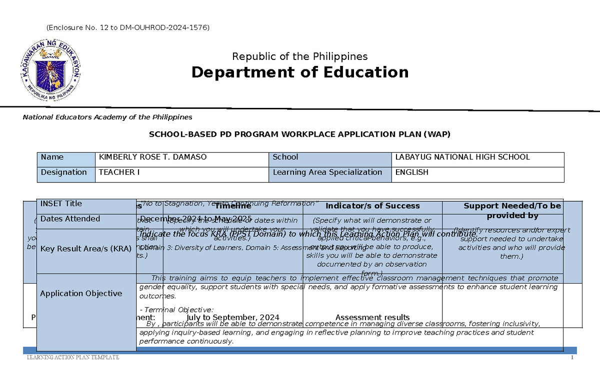 Learning Action Plan for School-Based PD Program (ENG-2024) - Studocu