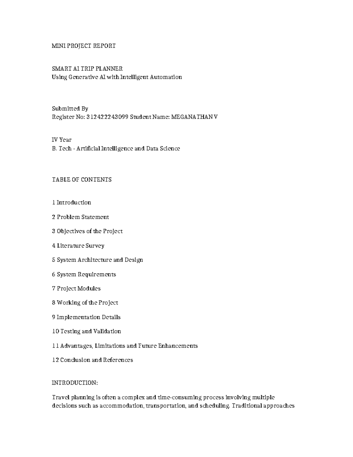 MINI PROJECT REPORT: Smart AI Trip Planner (B.Tech IV Year) - Studocu