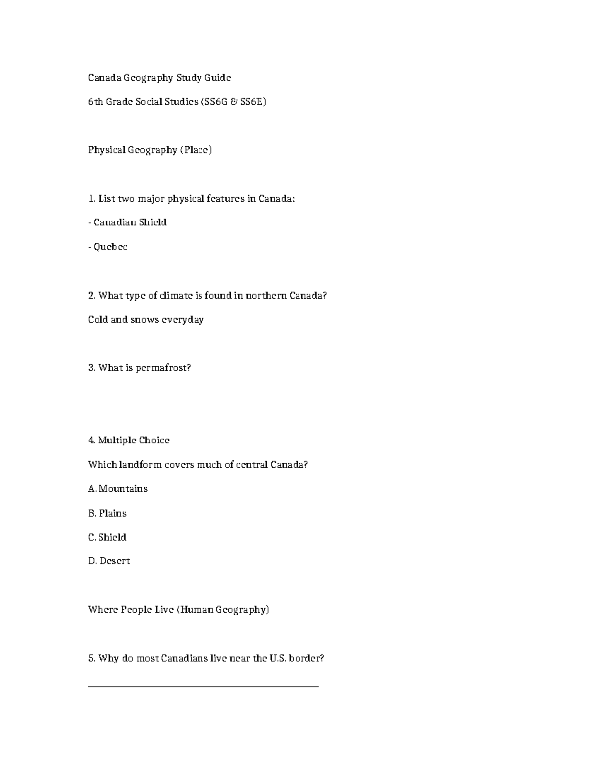 Canada Geography Study Guide (SS6G SS6E) - Physical & Human Geography ...
