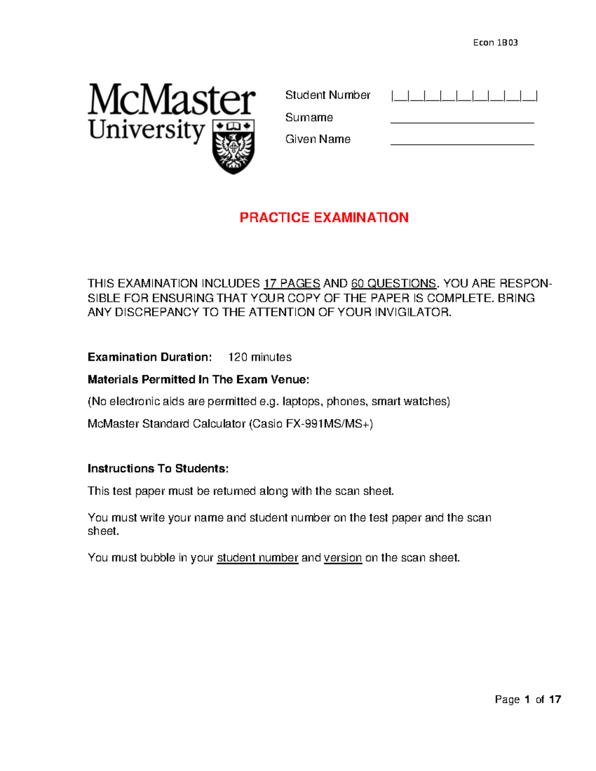Econ 1B03 F 2022 Winter 2023 Practice Exam Version 1 - Studocu