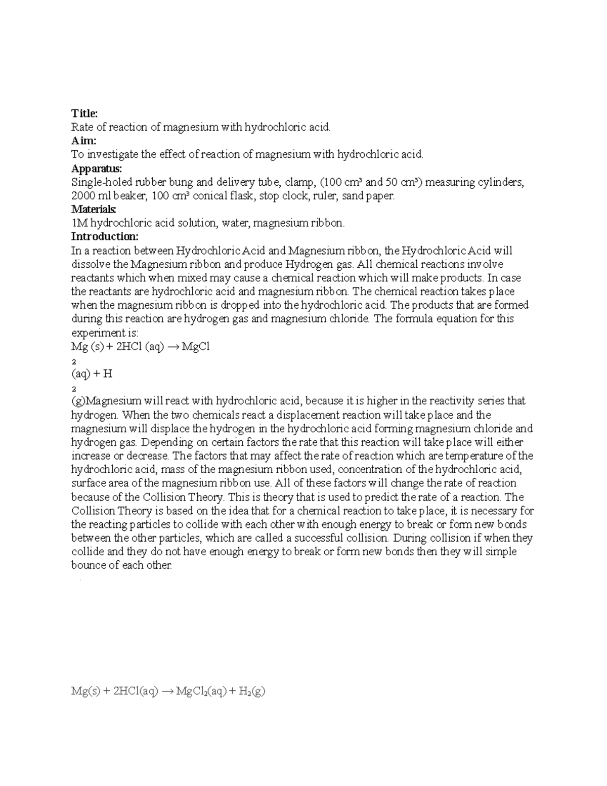 Rate of Reaction of Magnesium with HCl: Experimental Analysis - Studocu
