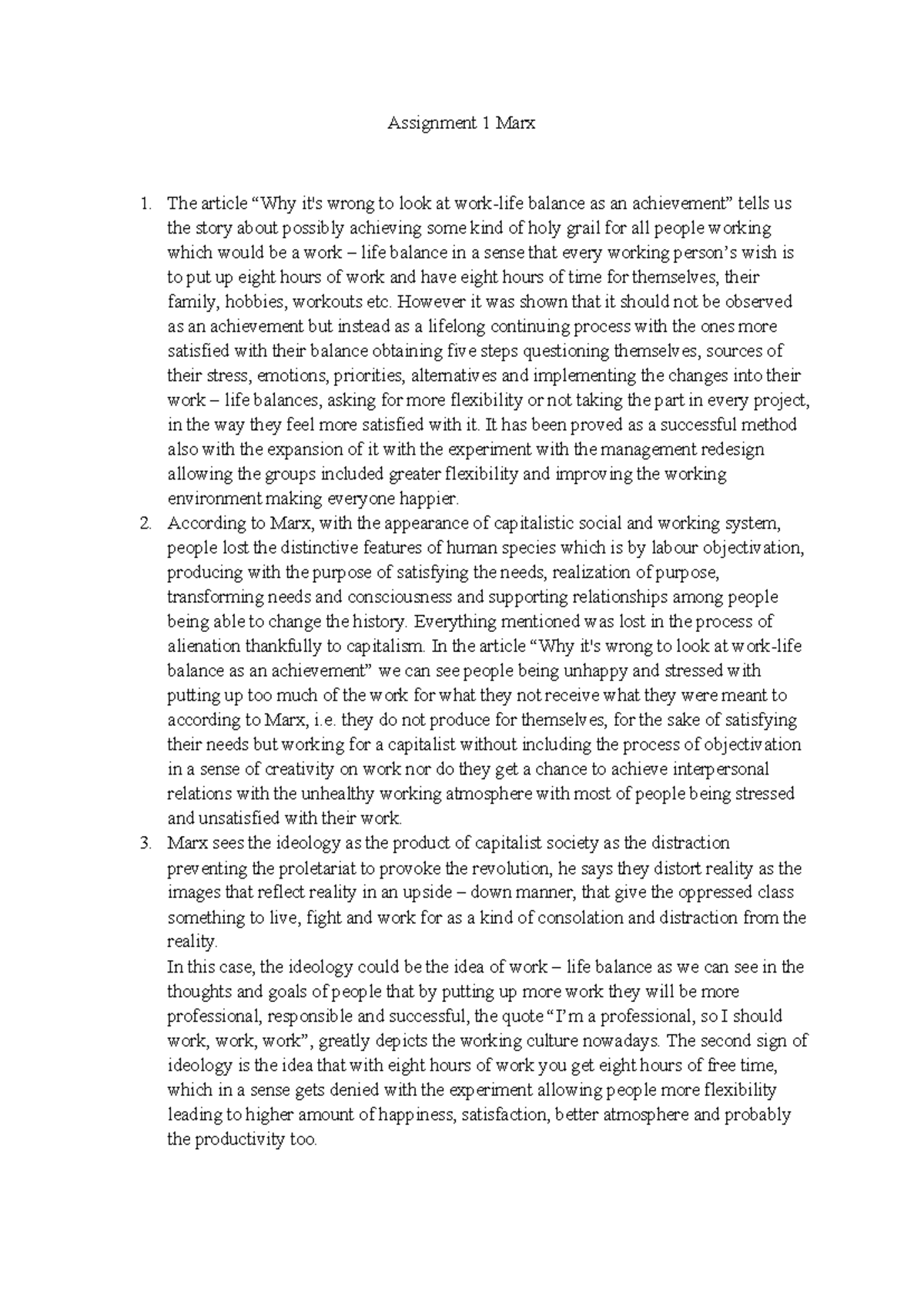 Assignment 1: Work-Life Balance and Marx's Ideology Analysis - Studocu