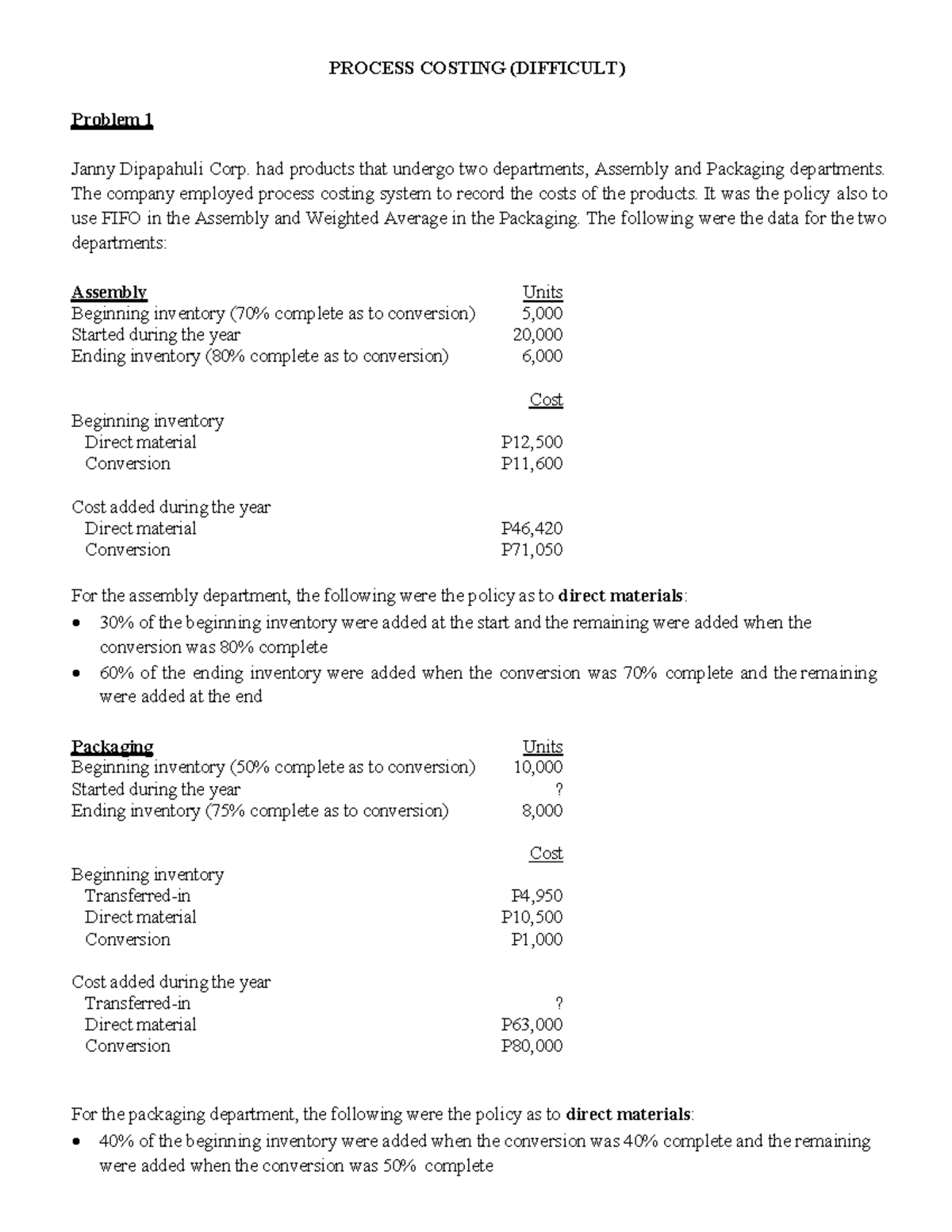 Process Costing Assignment - Detailed Analysis and Problem Set - Studocu