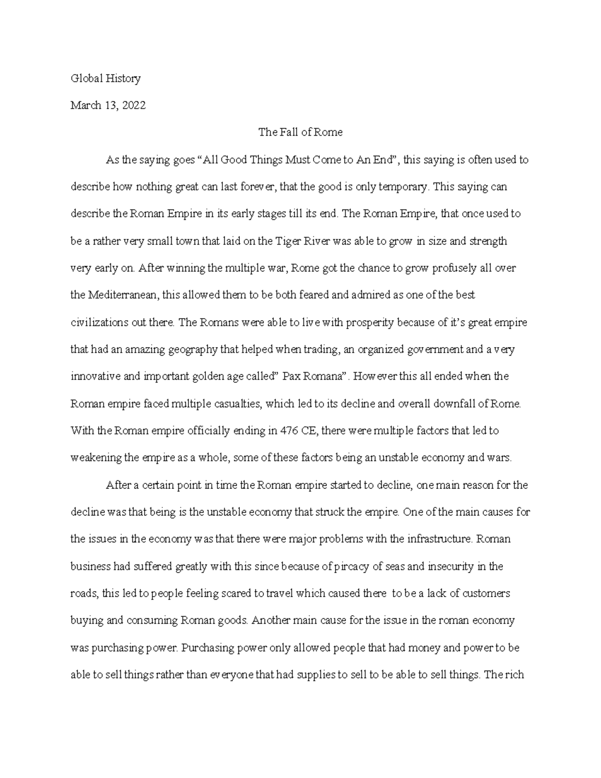 Fall of Rome - An essay highlighting the fall of rome. - Global History ...