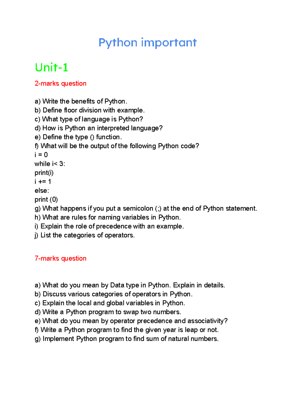 Python (CS101) All Unit Important Questions for Exam Preparation - Studocu