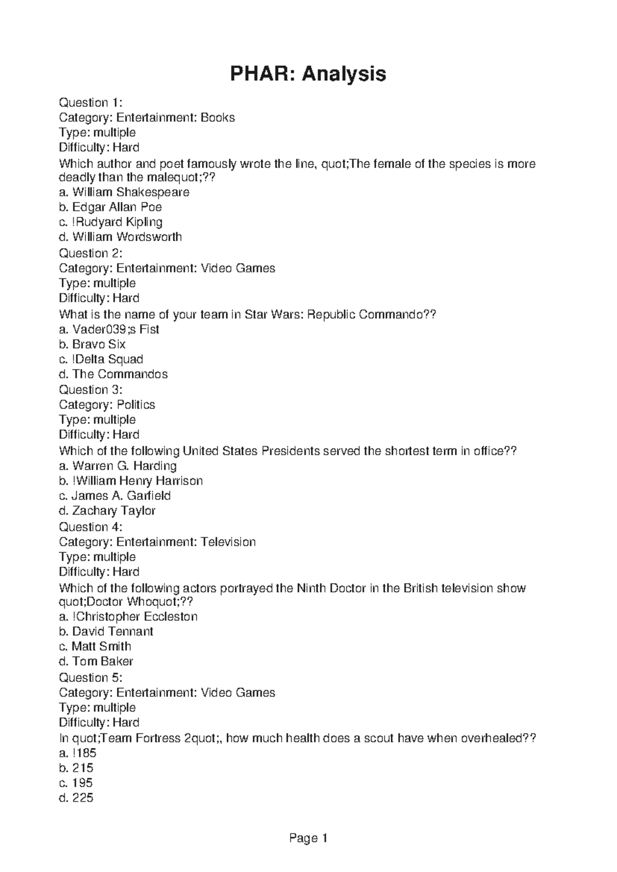 PHAR203: Hard Multiple Choice Questions on Entertainment & Science ...