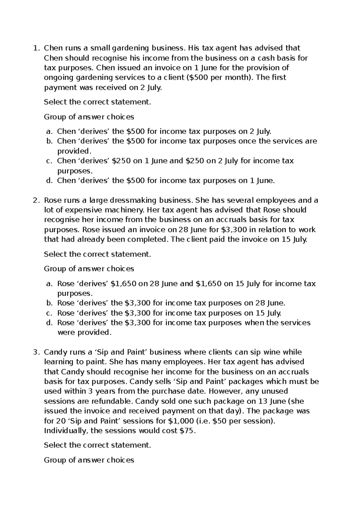Taxation II Practice Quiz: Income Recognition Scenarios and Analysis ...