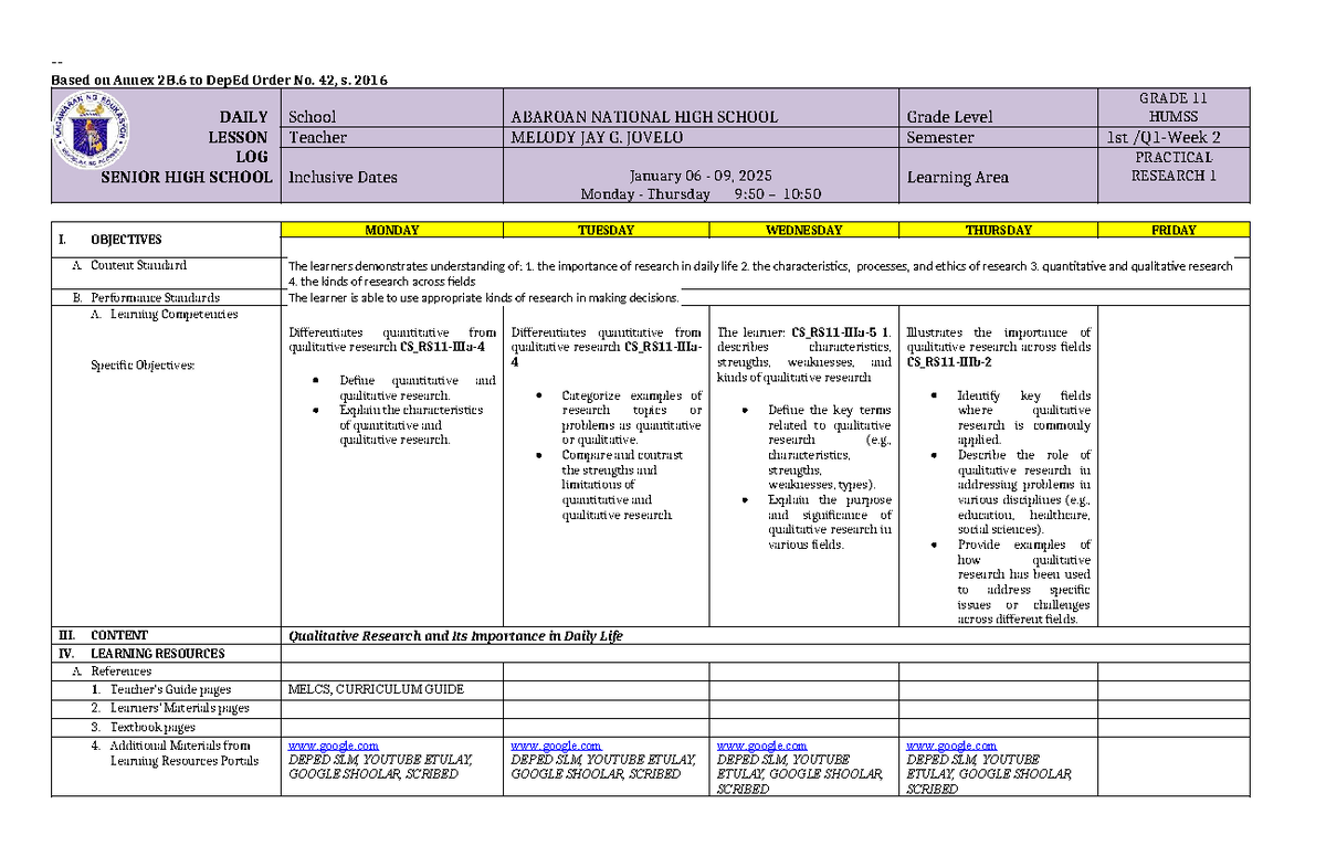 PRACTICAL RESEARCH 1 Lesson Plan for Grade 11 HUMSS (1st Sem) - Studocu