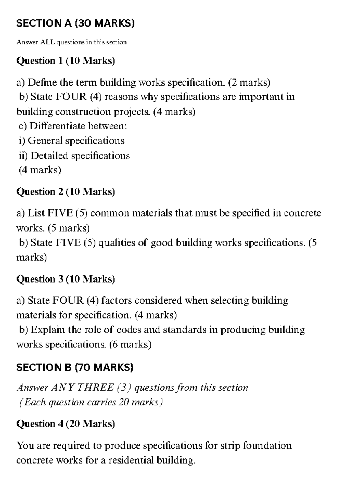 Building Works Specifications - Course Code: BLD 101 Final Exam Guide ...