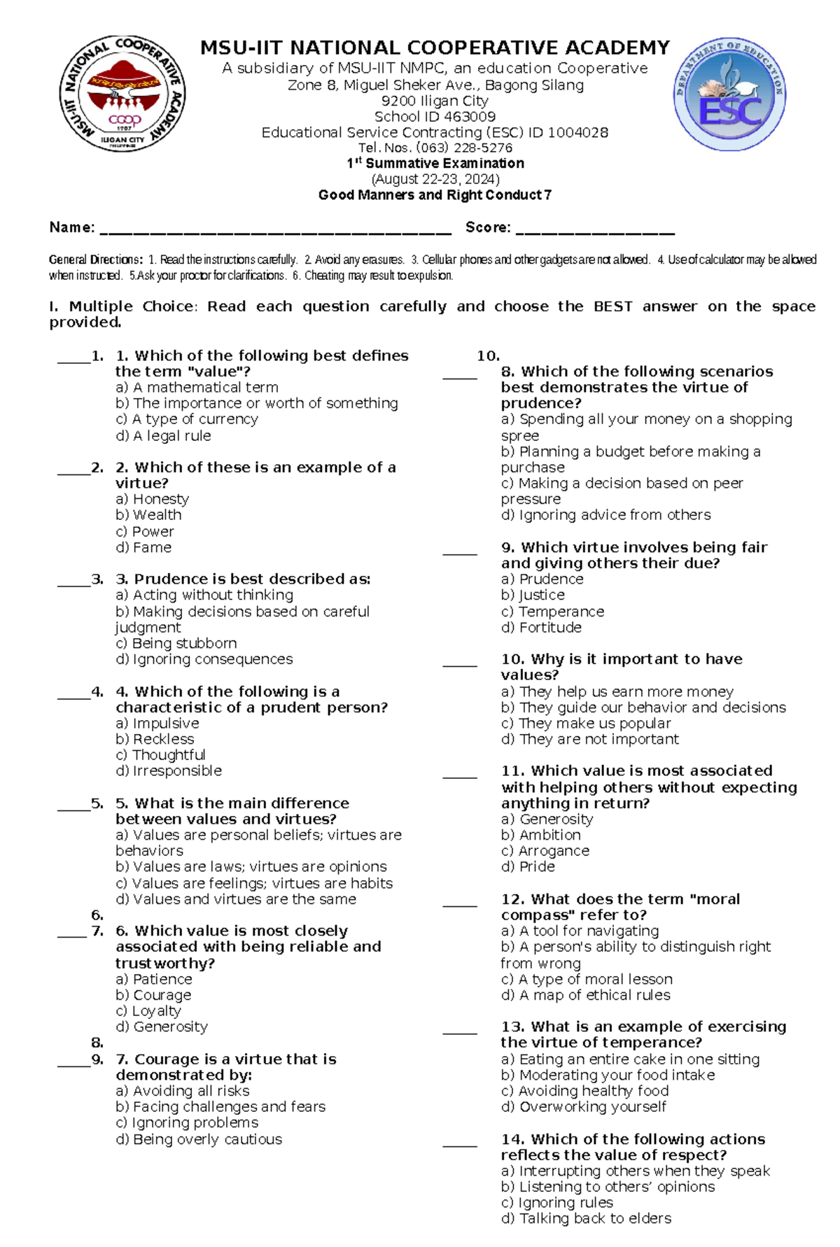 GMRC Examination handout - MSU-IIT NATIONAL COOPERATIVE ACADEMY A ...