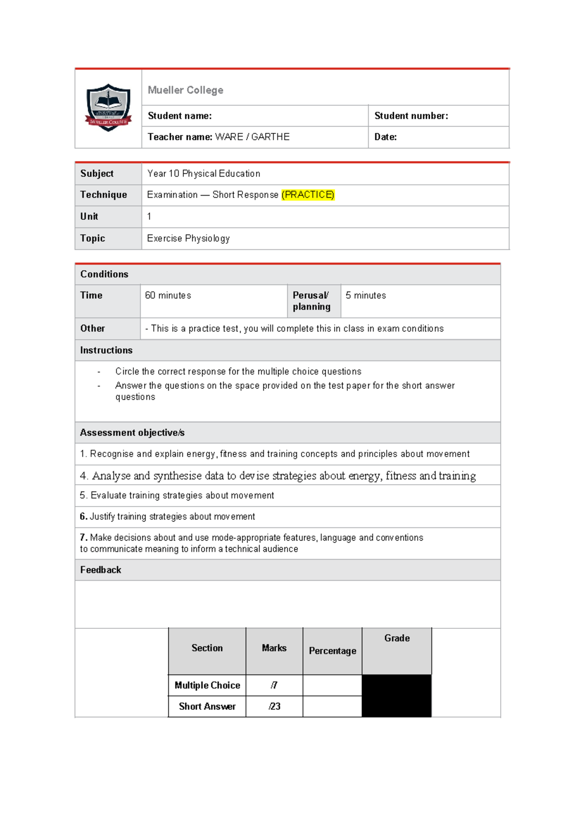 Year 10 PE Unit 1 - Exercise Physiology Practice Exam Q&A - Studocu
