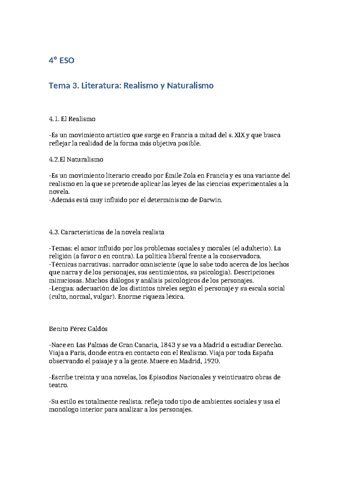 4º ESO Tema 3: Literatura - Realismo y Naturalismo - Studocu