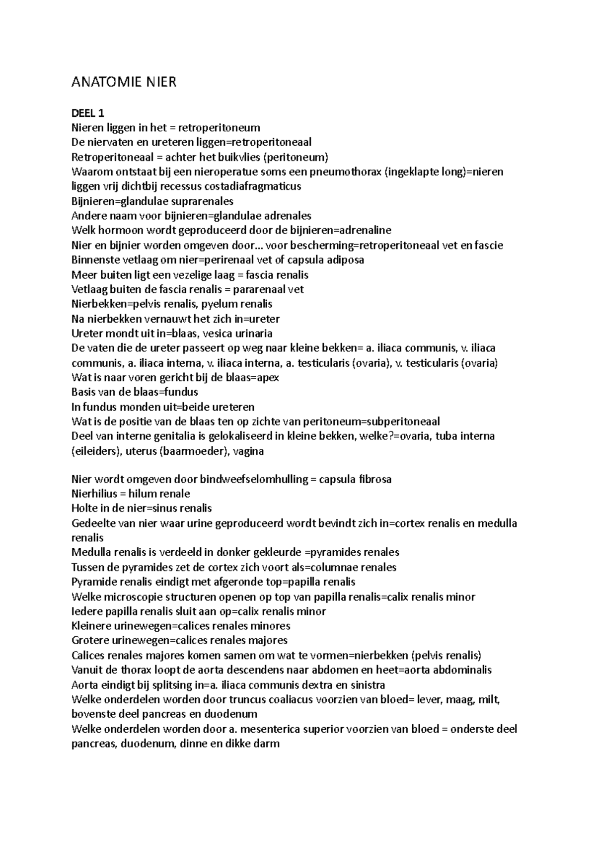 Anatomie NIER - Terminologie en Structuren van de Nier - Studeersnel