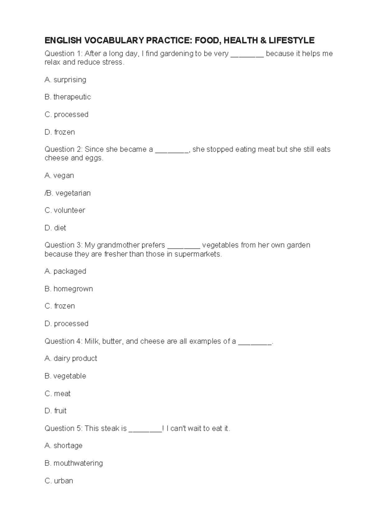 ENGLISH VOCABULARY PRACTICE: FOOD & HEALTH LIFESTYLE Quiz - Studocu