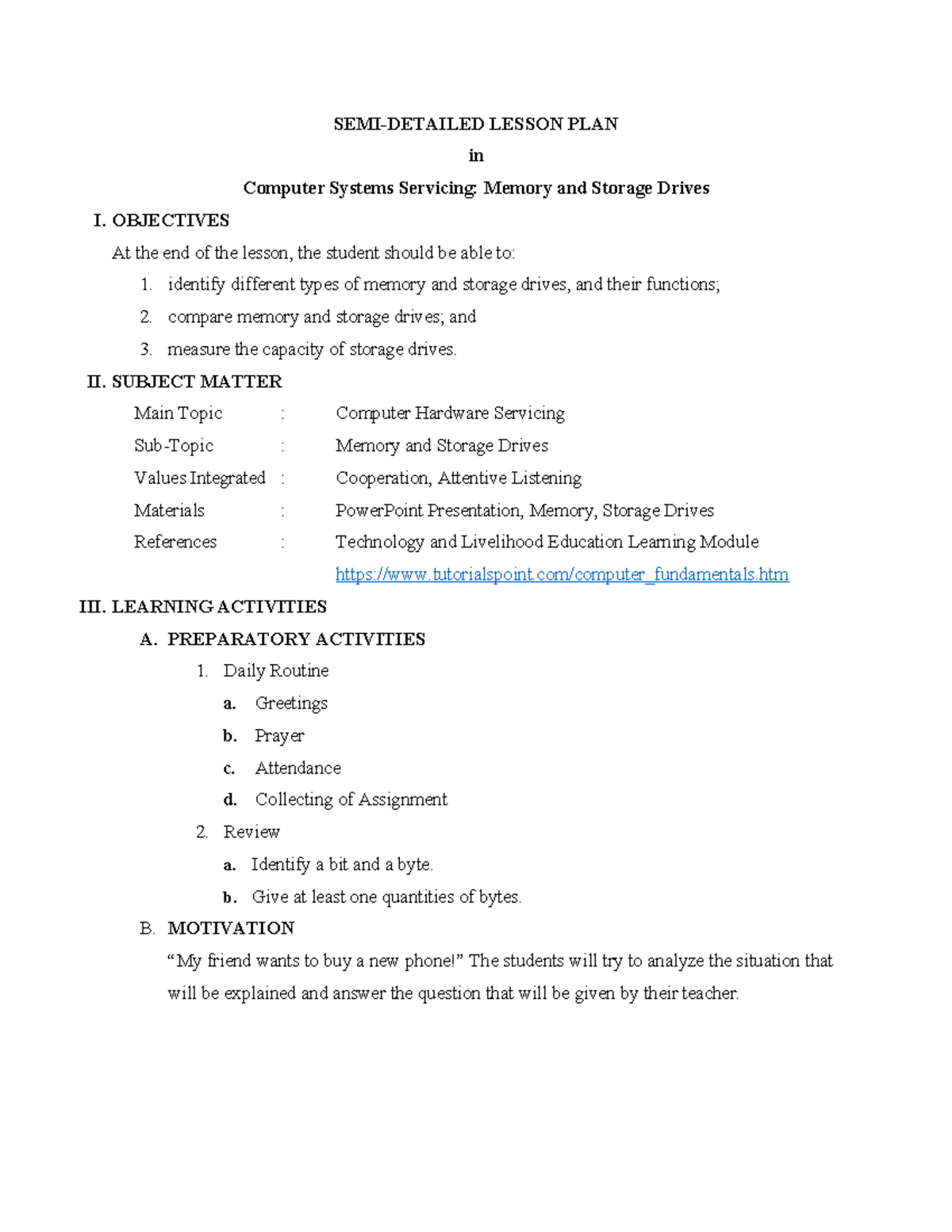 SEMI Detailed Lesson PLAN - SEMI-DETAILED LESSON PLAN in Computer Systems Servicing: Memory and ...