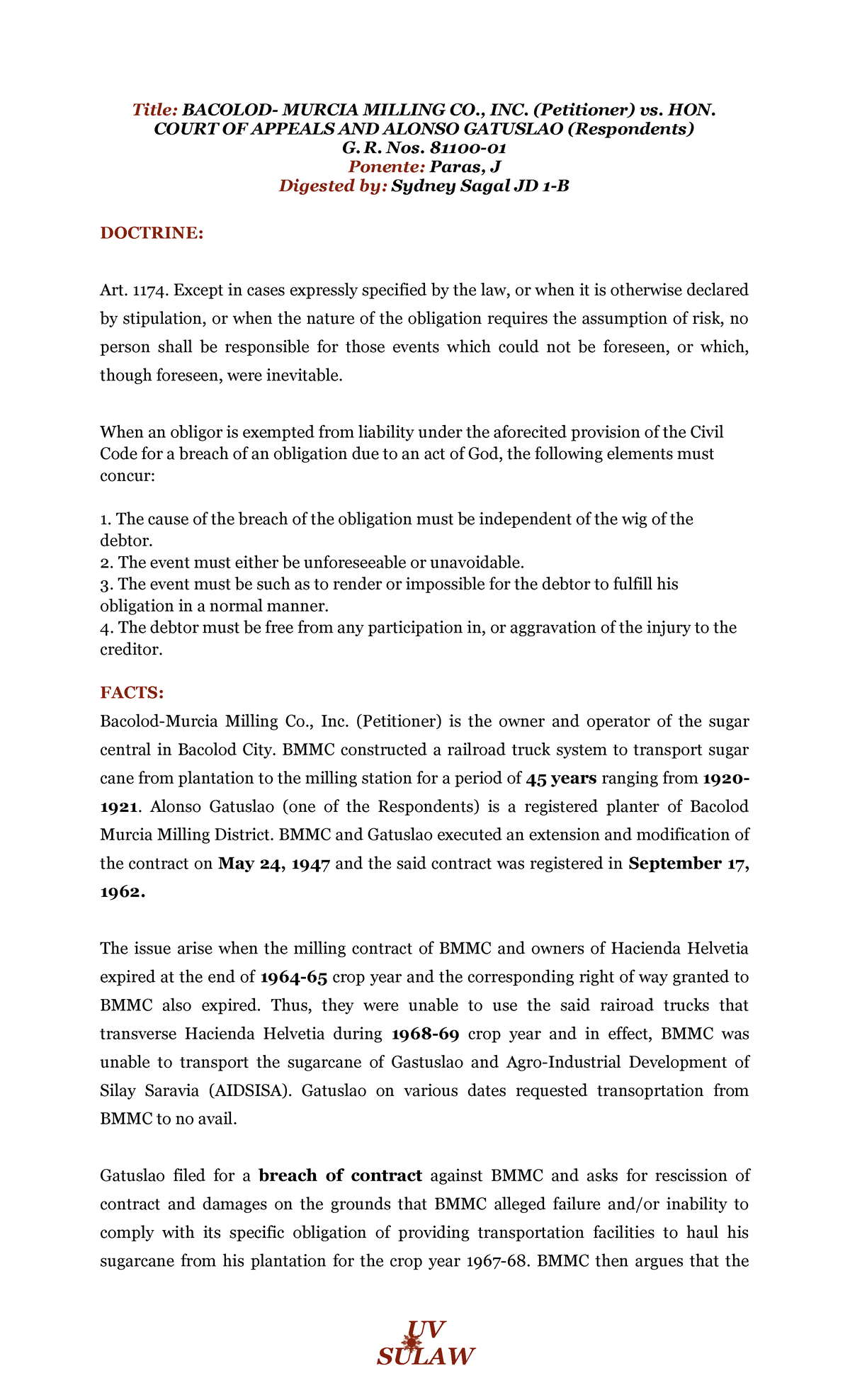 Force Majeure in BMMC vs. CA: Digest of G.R. Nos. 81100 Case - Studocu