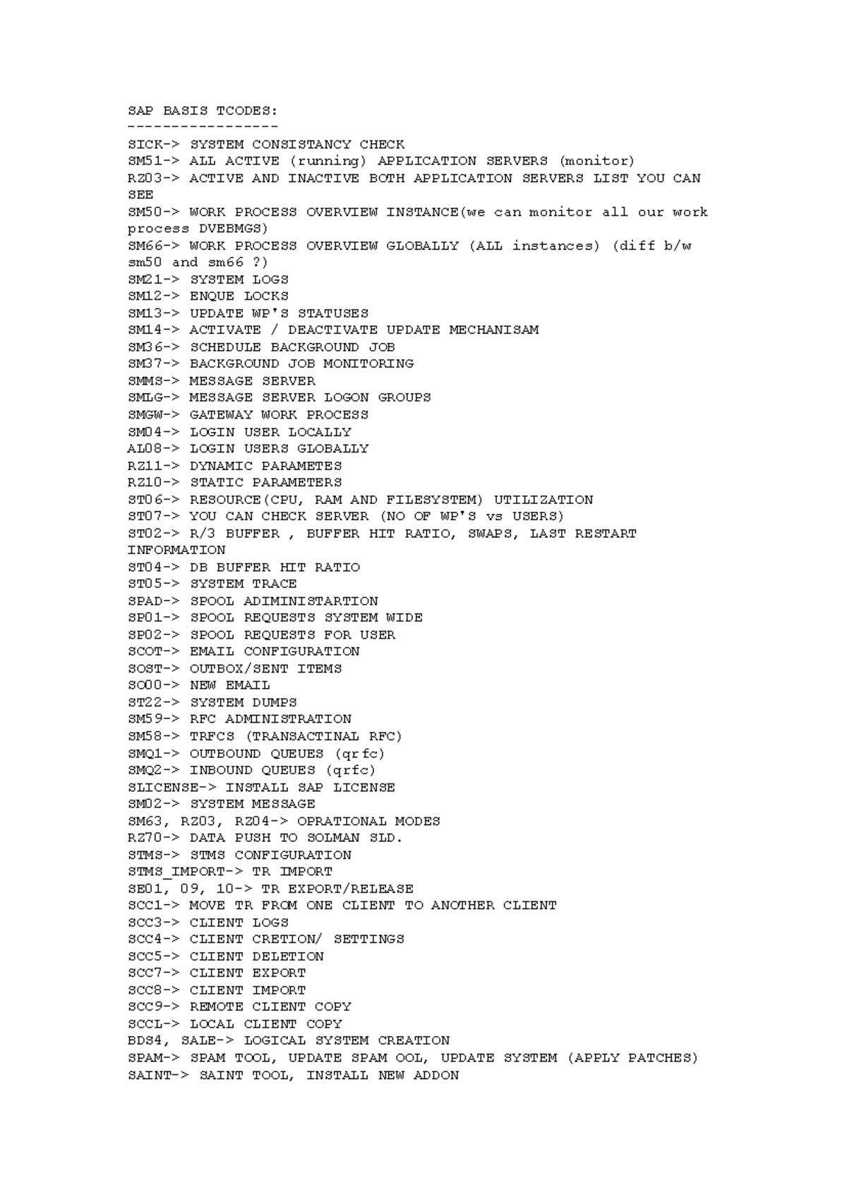 SAP BASIS TCODES: System Consistency Check & Monitoring Overview - Studocu