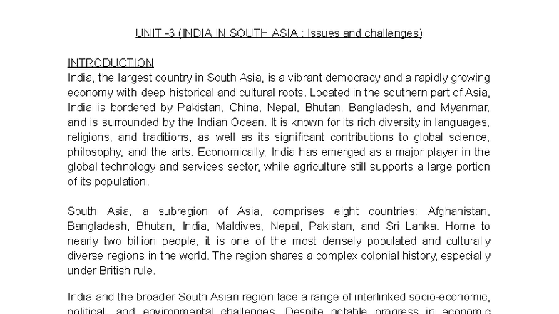 INDIA IN SOUTH ASIA: Issues, Challenges, and Regional Dynamics - Studocu