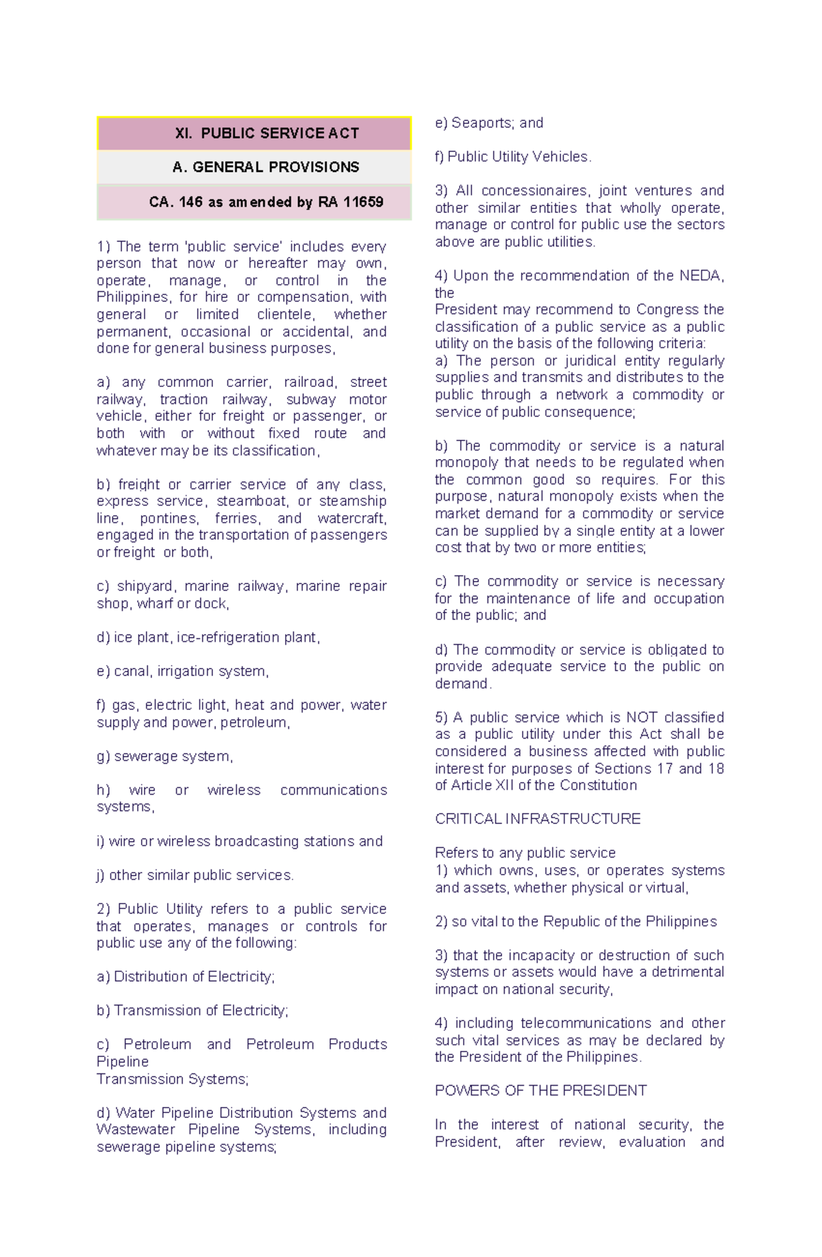 Revised Notes on Public Service Act (CA 146 & RA 11659) - Studocu