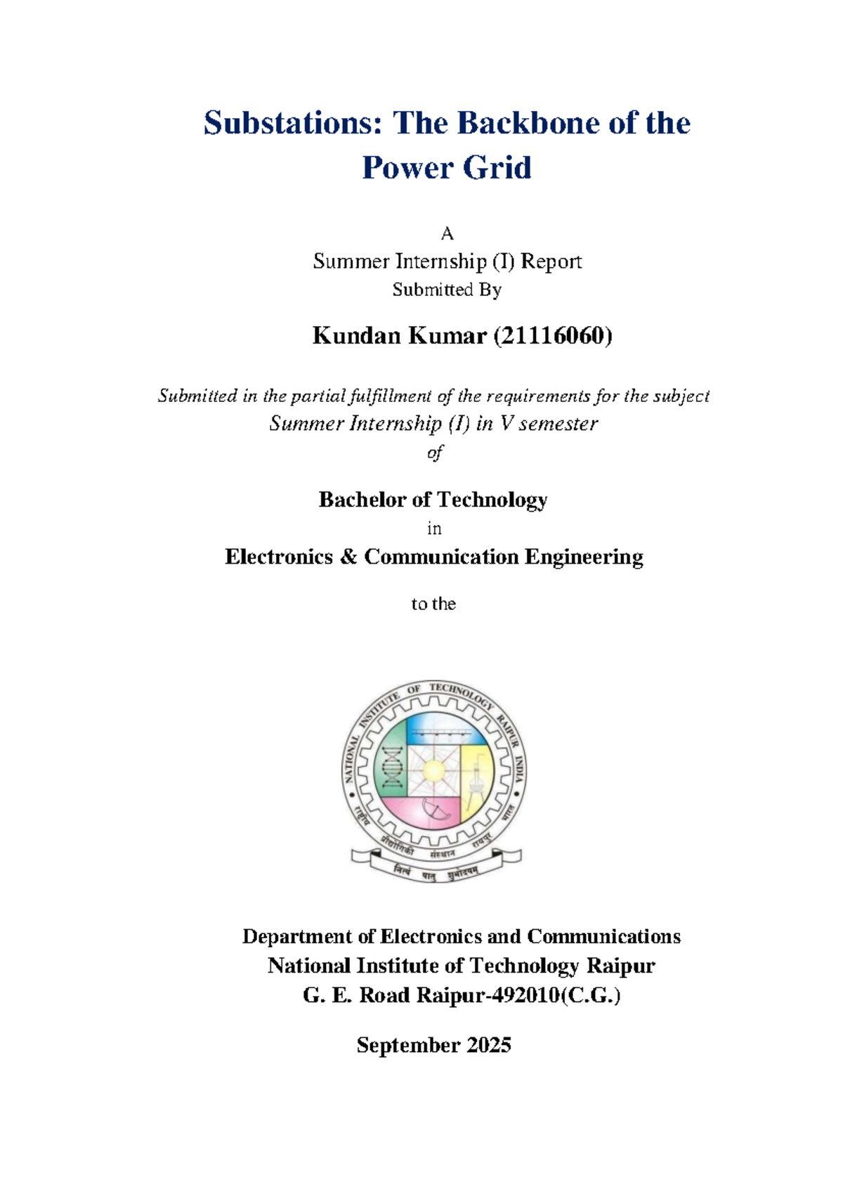 Summer Internship (I) Report on Substation Engineering - B.Tech ECE - Studocu