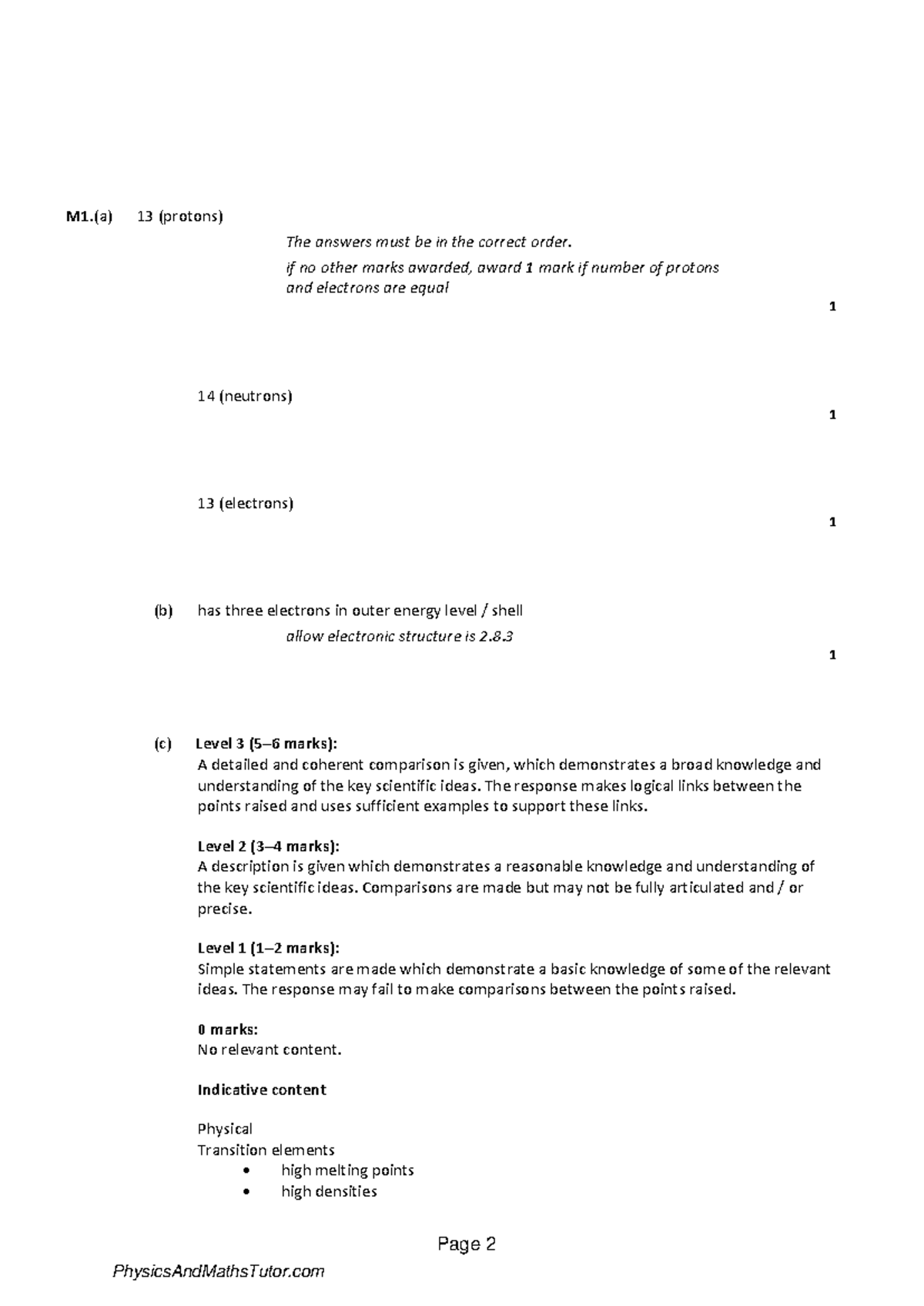 M1.1 A Simple Atomic Model - Detailed Marking Guidance and Answers ...