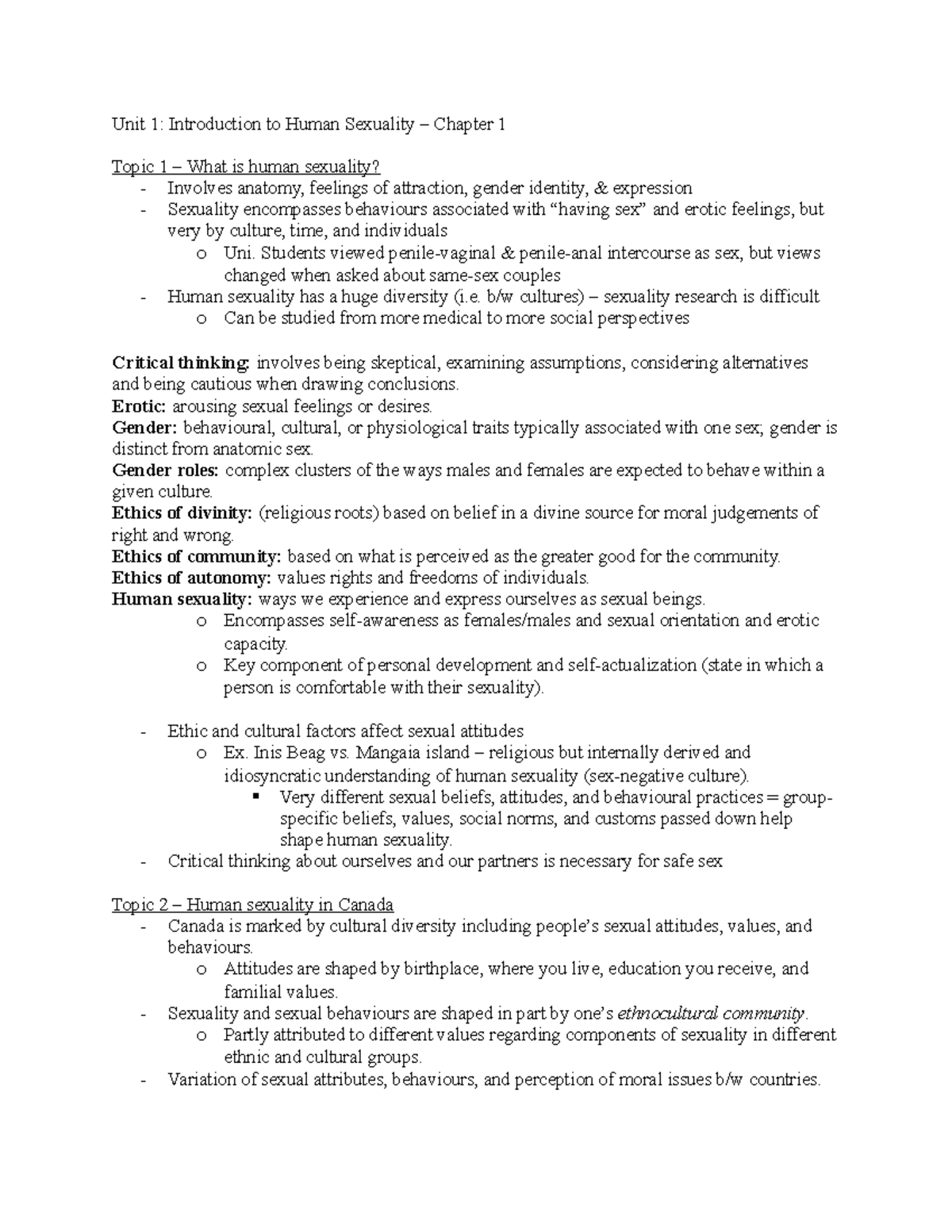 Unit 1: Intro to Human Sexuality - Chapter 1 Overview and Perspectives ...