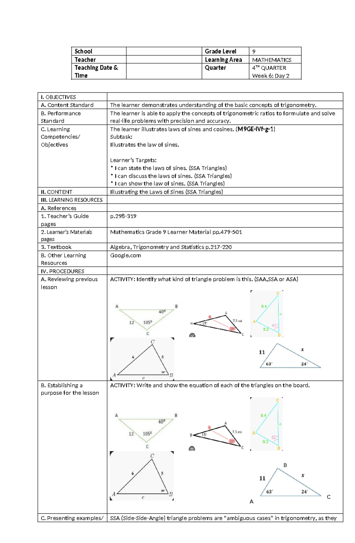 Grade 9 Mathematics Lesson Plan: Trigonometry - Law of Sines (Week 6 ...