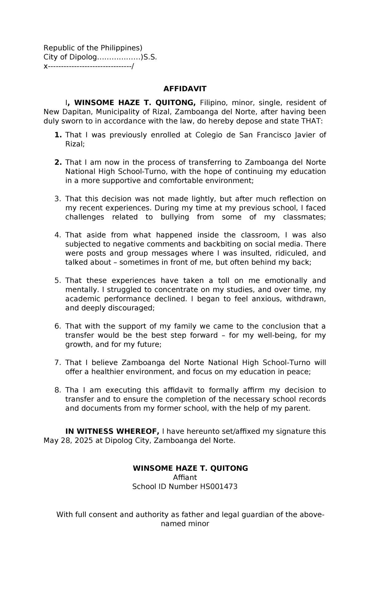Affidavit for School Transfer - Winsome Haze T. Quitong - Studocu
