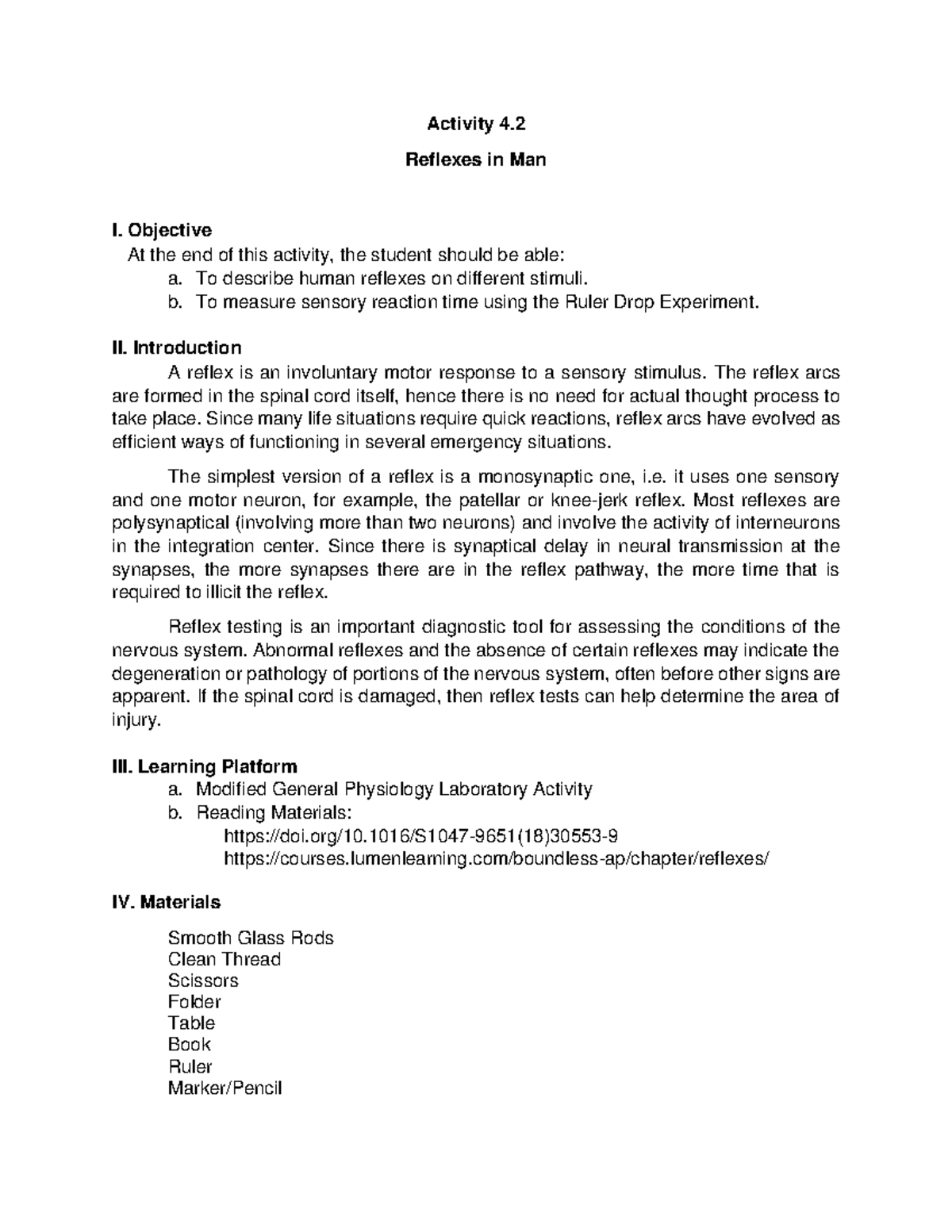 Activity 4 - Lab on Human Reflexes: Understanding and Testing Reflex ...