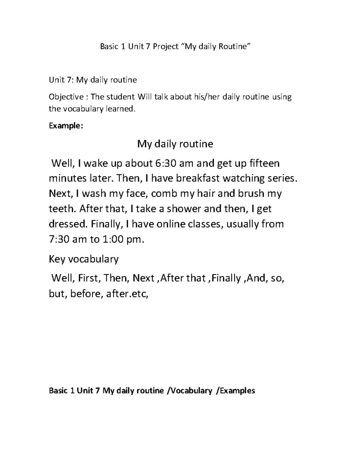 Bas 1 My Daily Routine - Basic 1 Unit 7 Project “My daily Routine” Unit ...