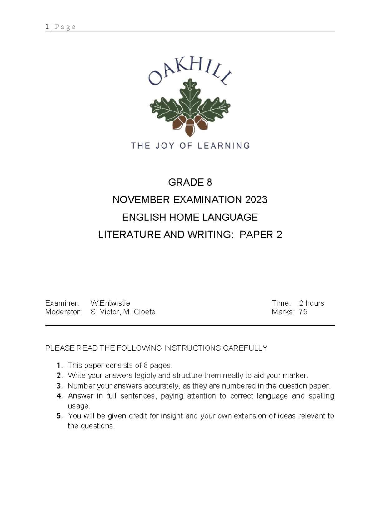 Grade 8 English HL Literature & Writing Paper 2 Exam Nov 2023 - Studocu