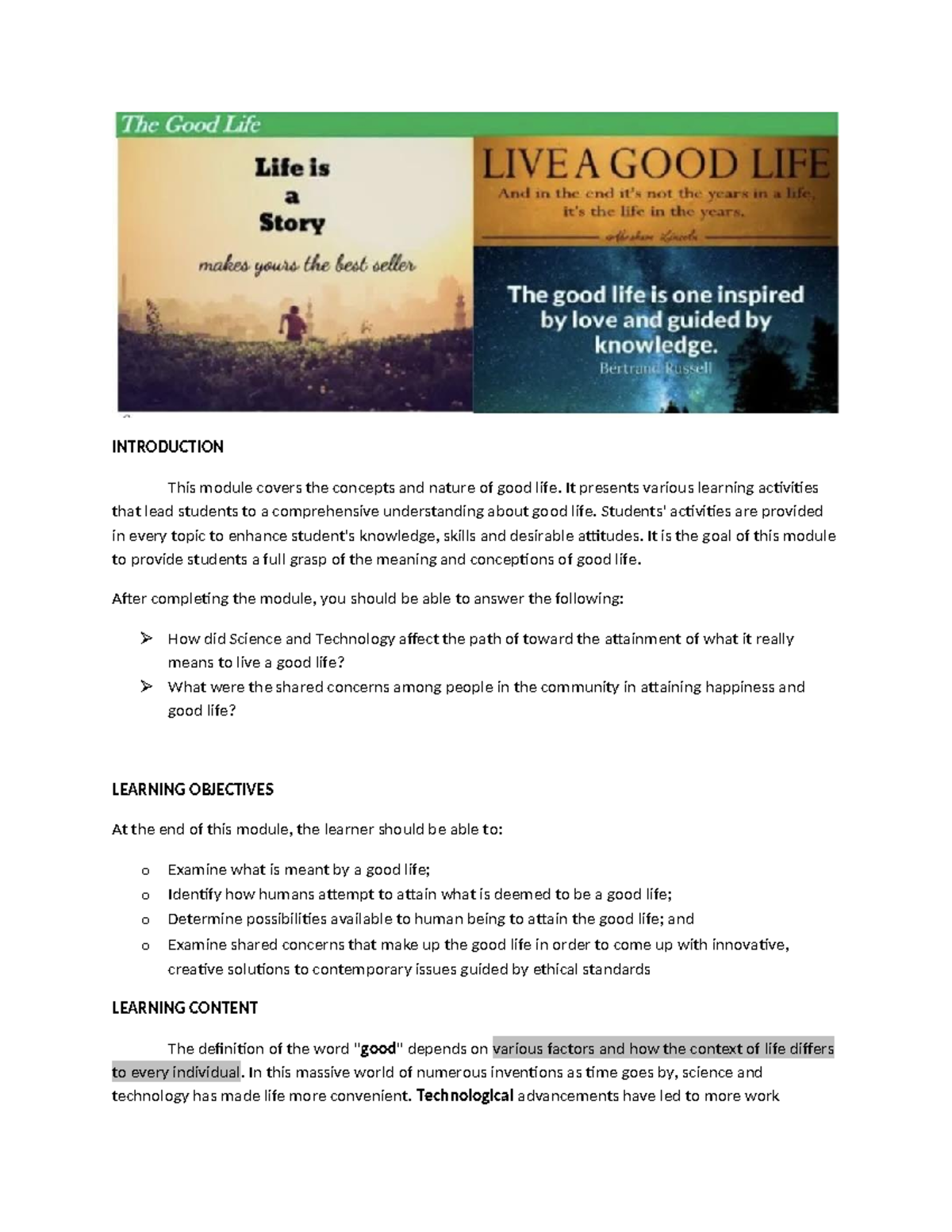 #3 STS - Understanding the Good Life: Concepts and Perspectives - Studocu