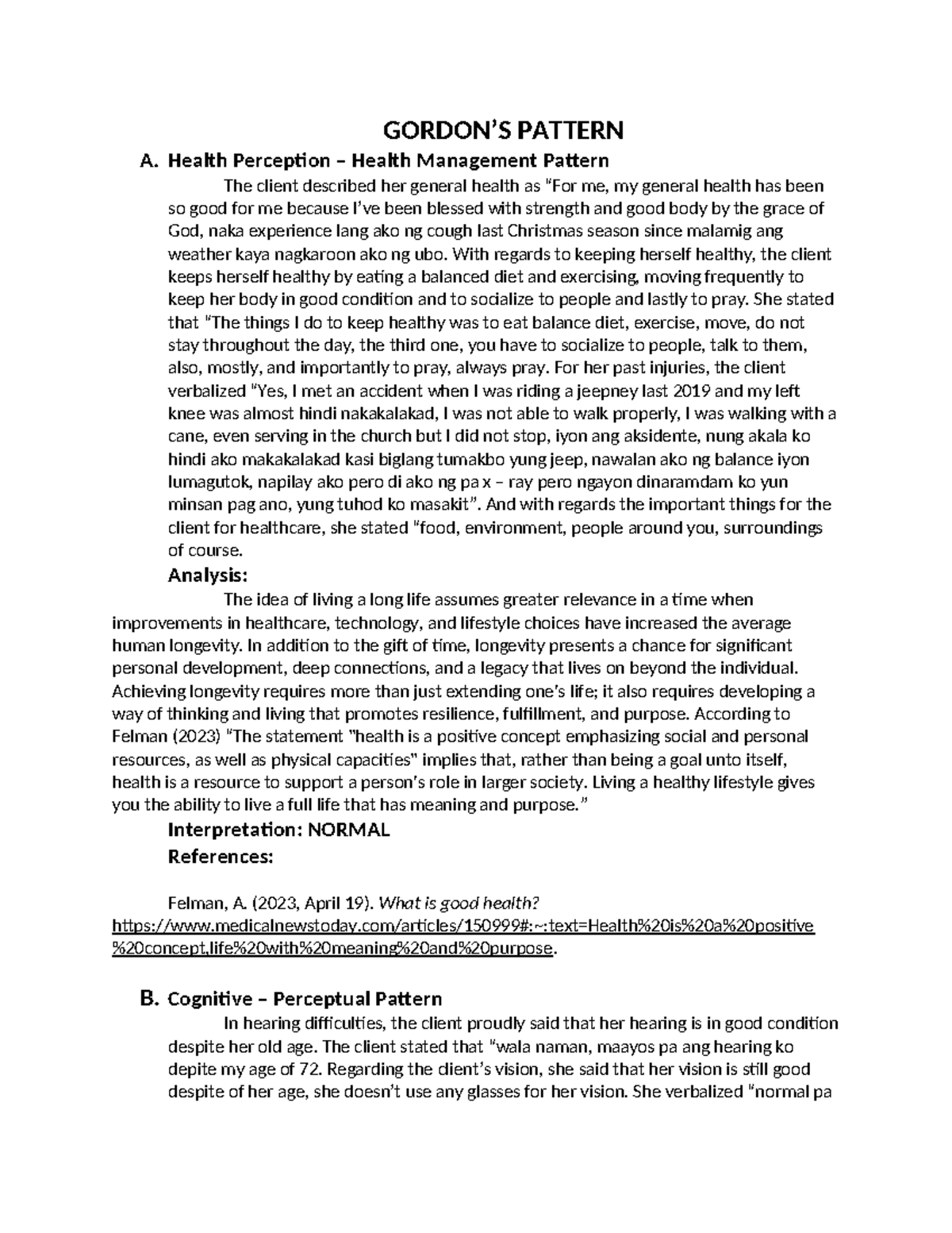 HEALTH ASSESSMENT - GORDON’S PATTERN A. Health Perception – Health ...