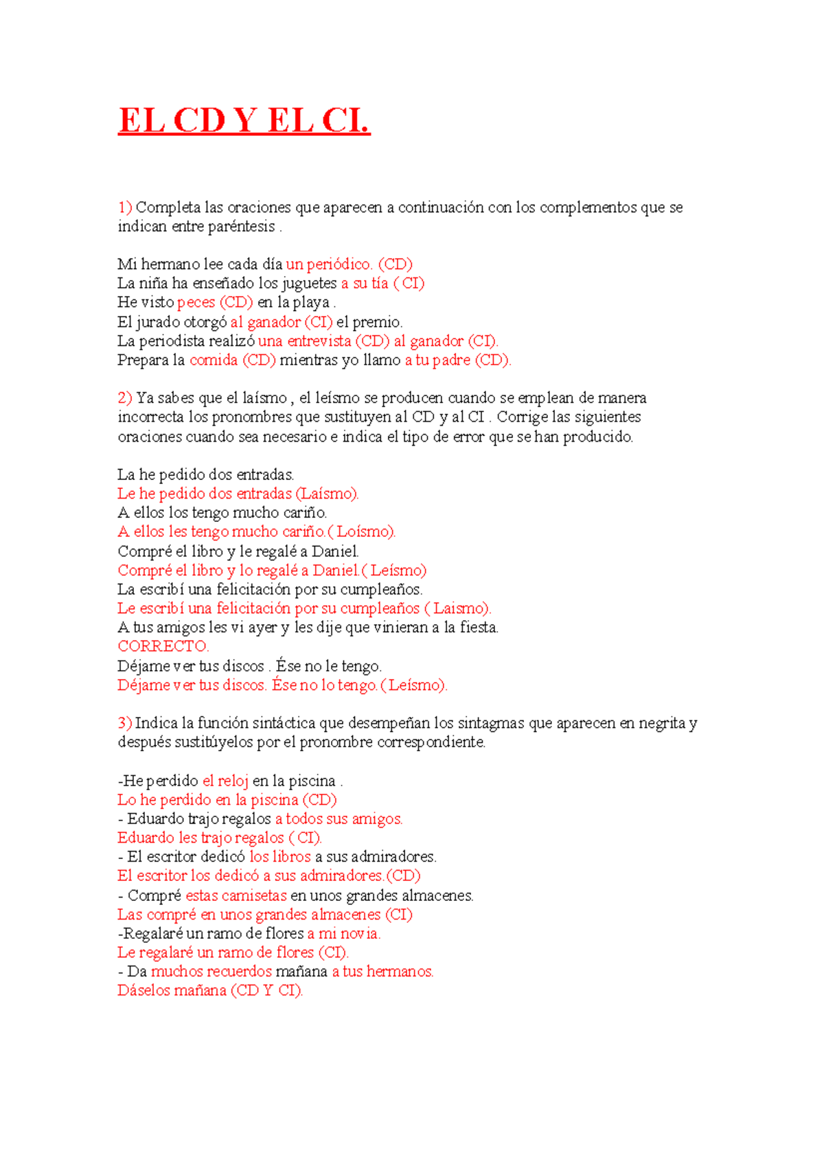 Actividades de Sintaxis: CD y CI - Ejercicios y Transformaciones - Studocu