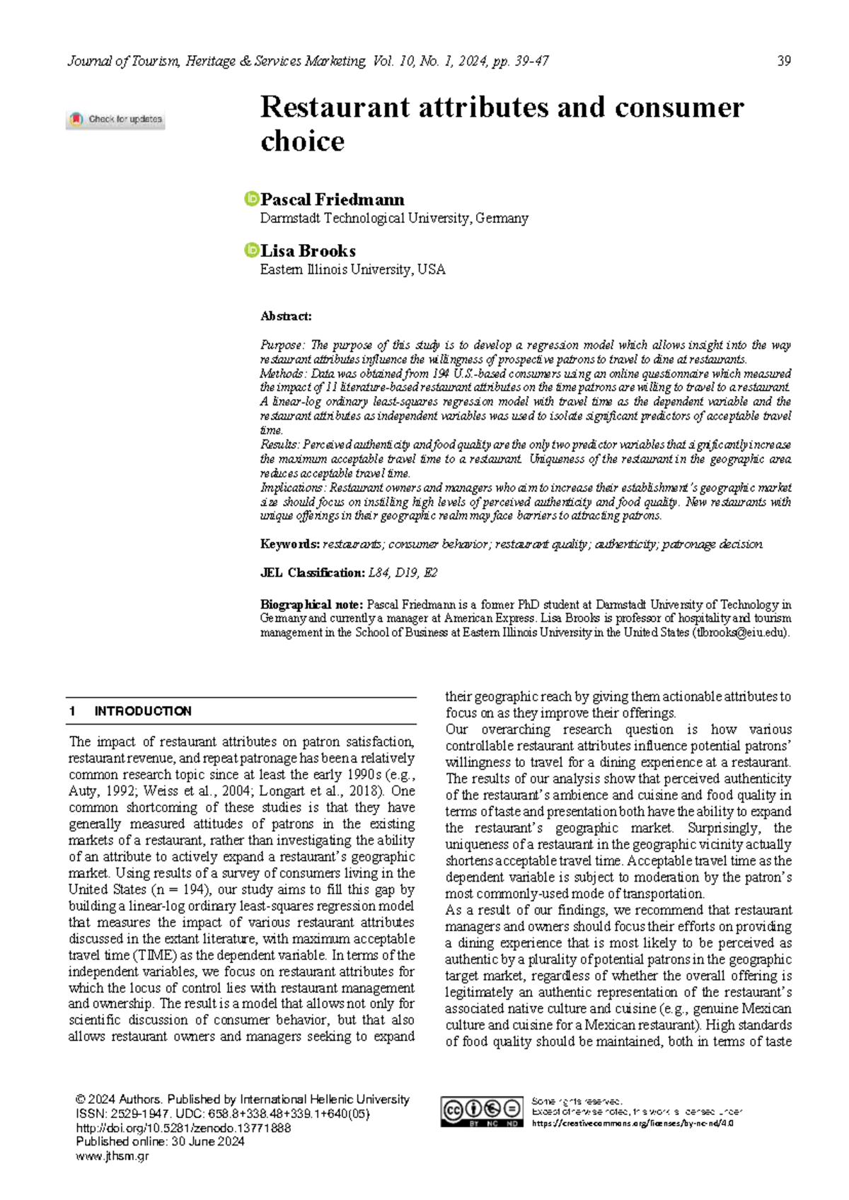 Restaurant Attributes and Consumer Choice: Insights from Vol. 10, No. 1 ...