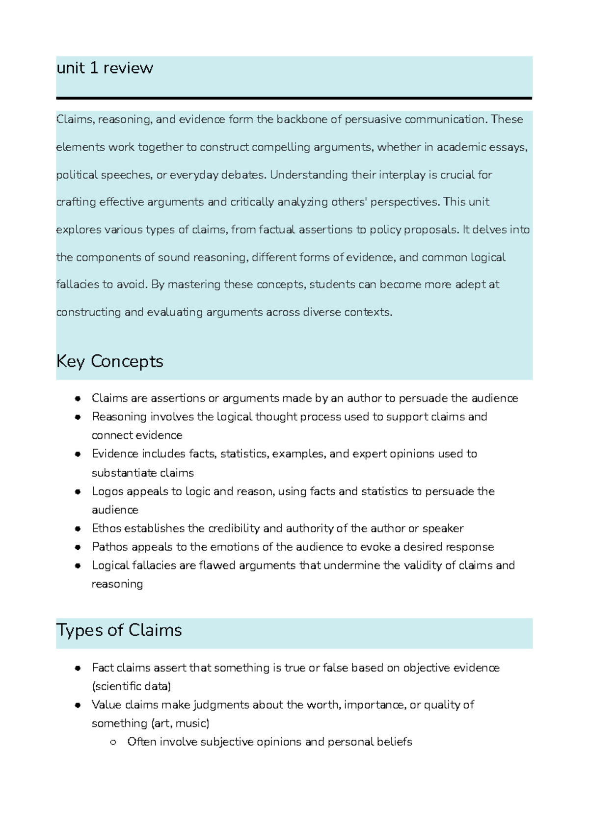 AP Lang Unit 1 Review: Claims, Reasoning, and Evidence - Studocu