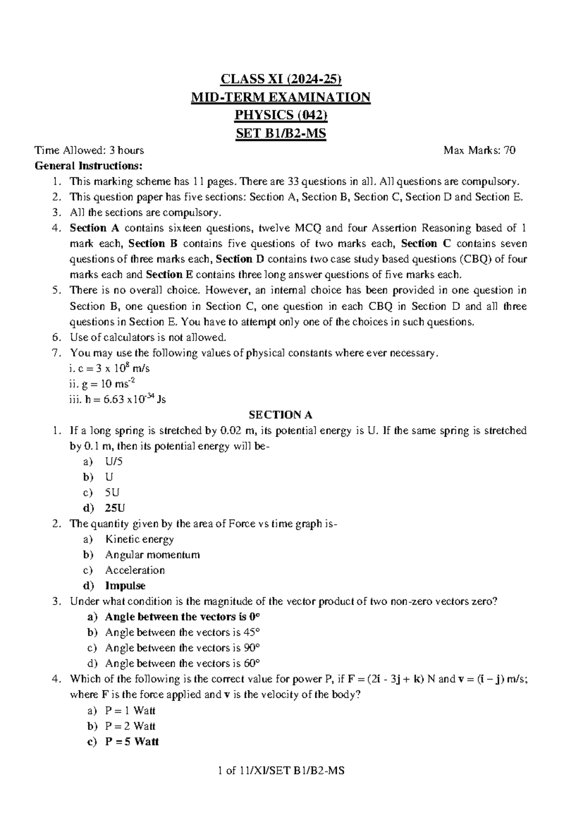 CLASS XI PHYSICS (042) MID-TERM EXAMINATION 2024-25 - Studocu