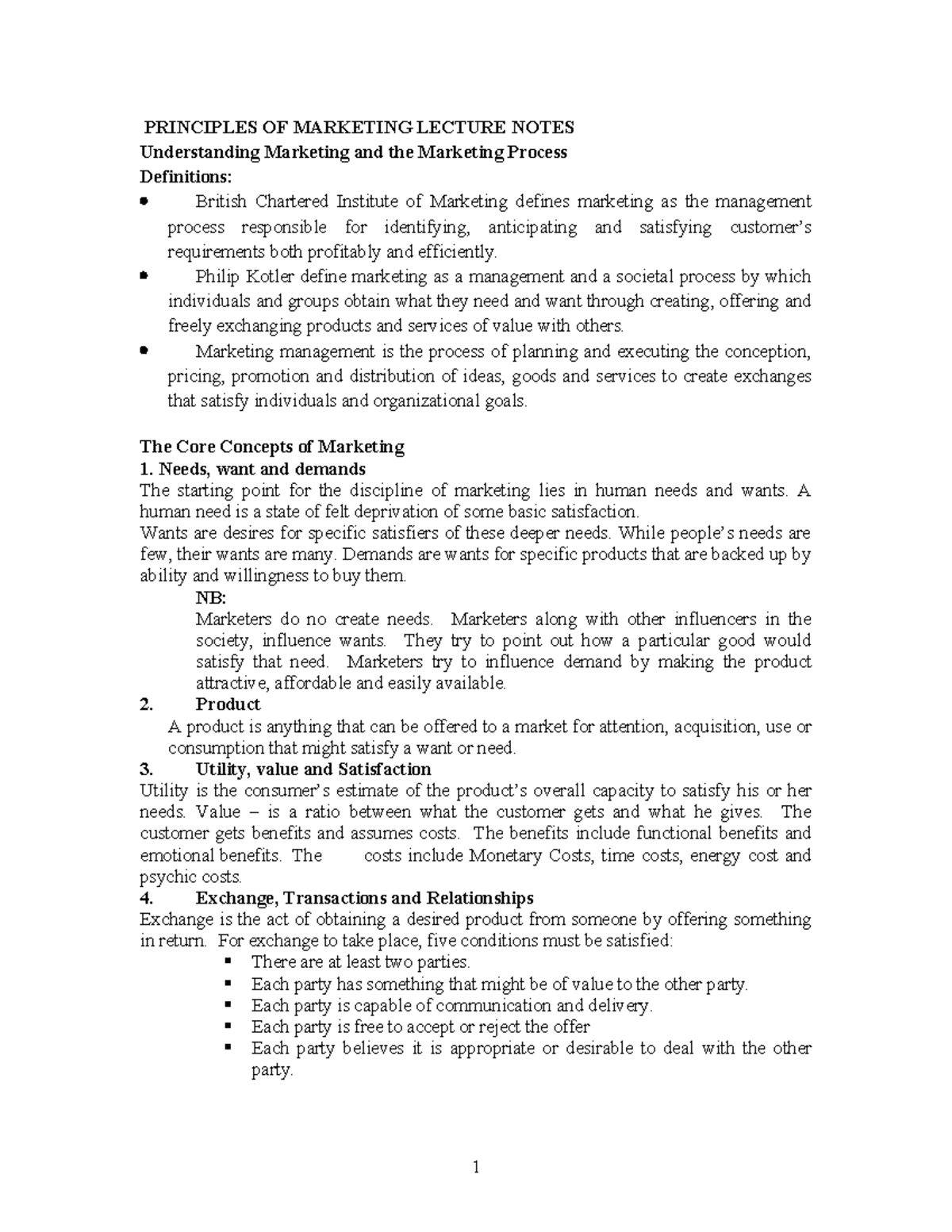 Principles of Marketing Lecture Notes BBA 201: Understanding Core ...