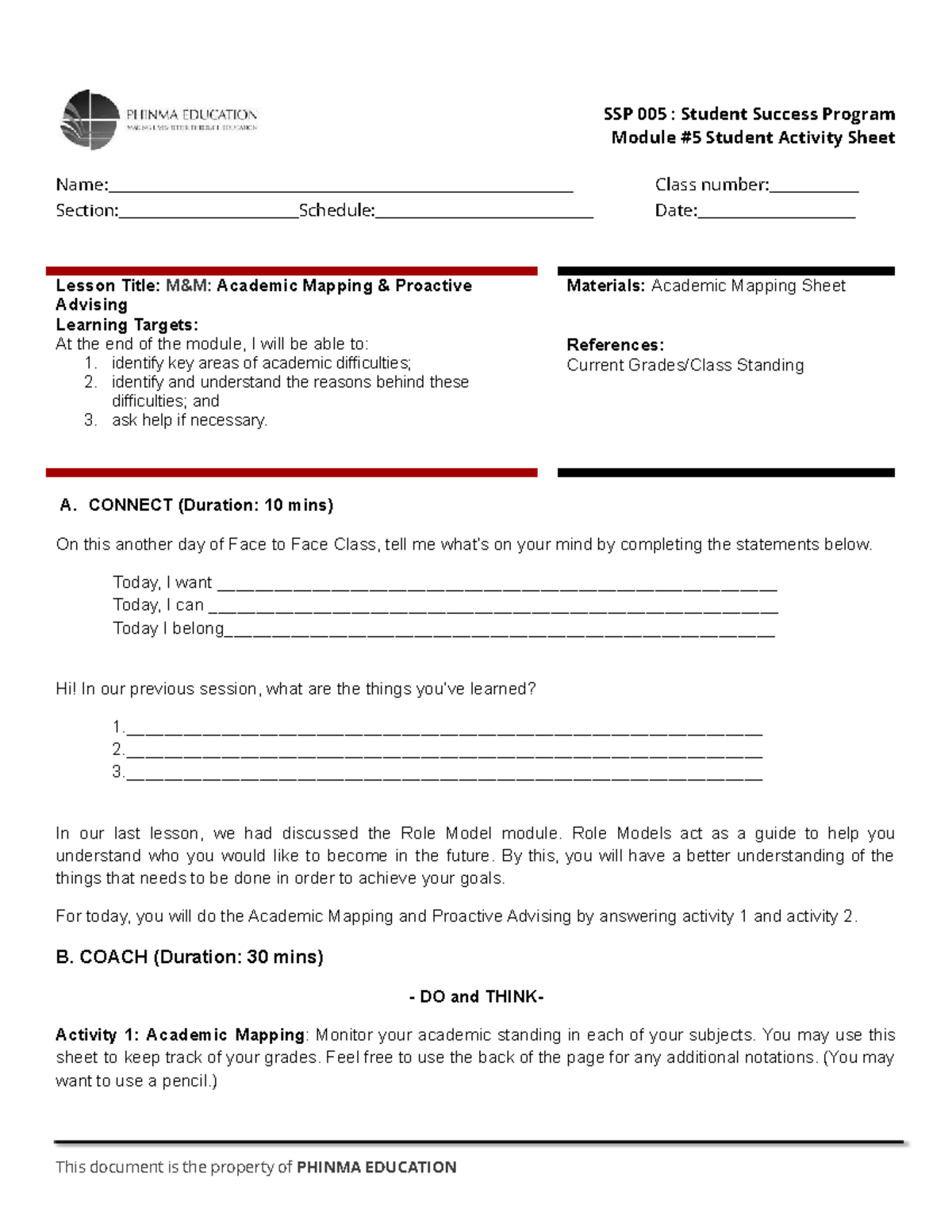 SSP 005: Academic Mapping & Proactive Advising Lesson Activity Sheet ...