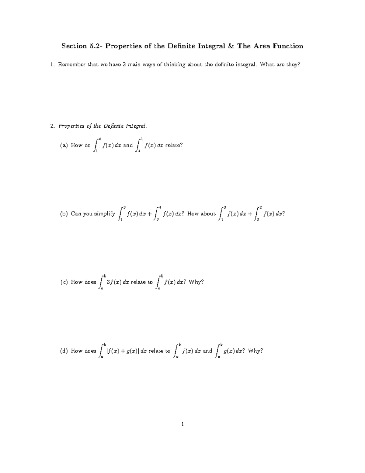 Day 18 Practice Questions: Section Properties of the Definite Integral ...