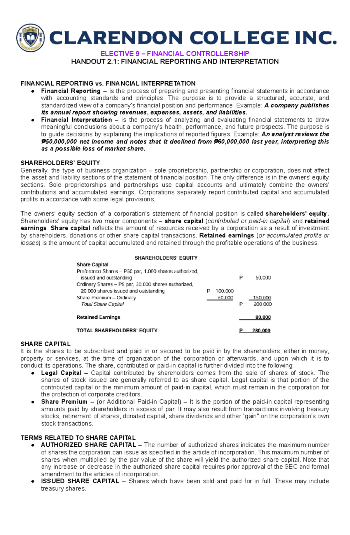 ELECTIVE 9: Financial Controllership Handout 2.1 - Reporting ...