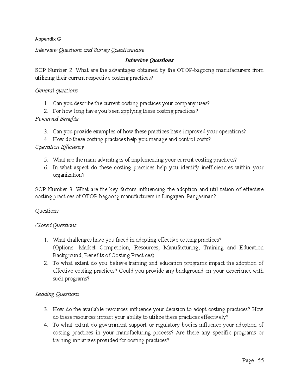 R Questionnaire - Appendix G Interview Questions and Survey ...
