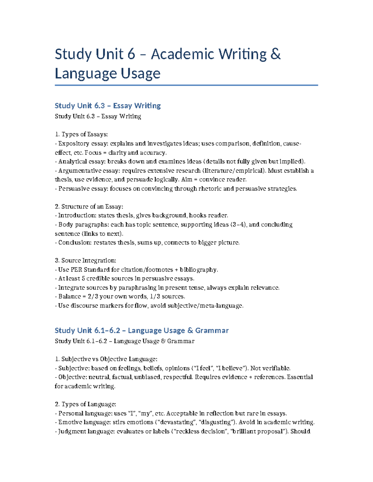 Study Unit 6.3: Academic Writing and Essay Structure Notes - Studocu